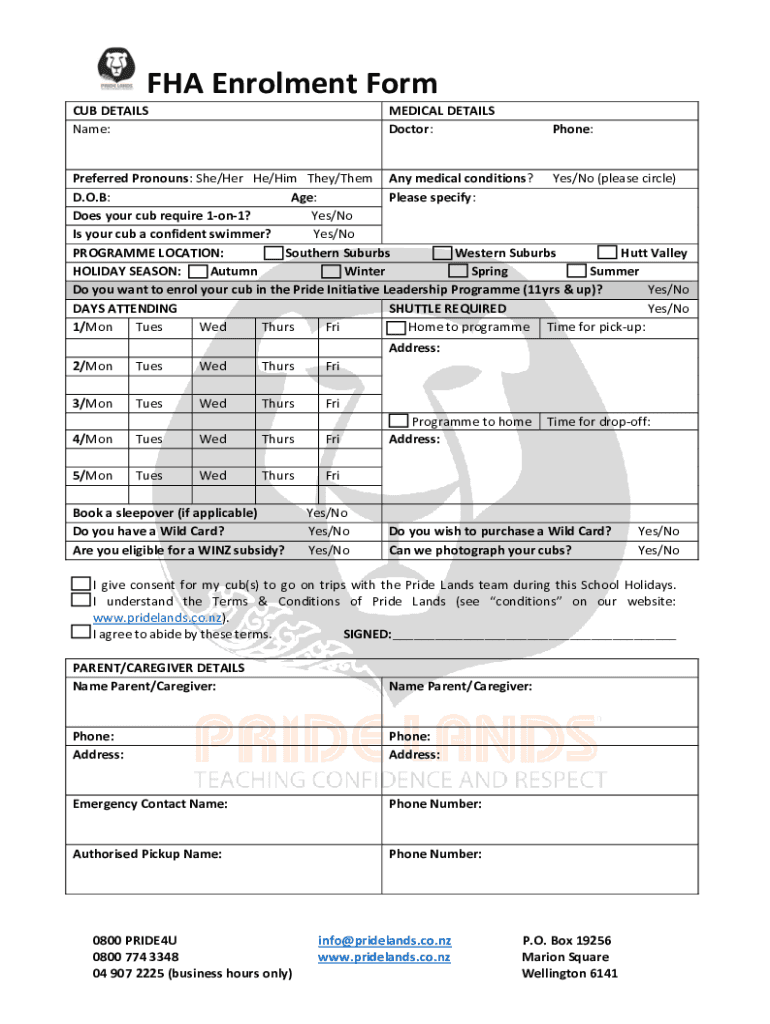 Fillable Online pridelands org FHA Enrolment Form Fax Email Print ...
