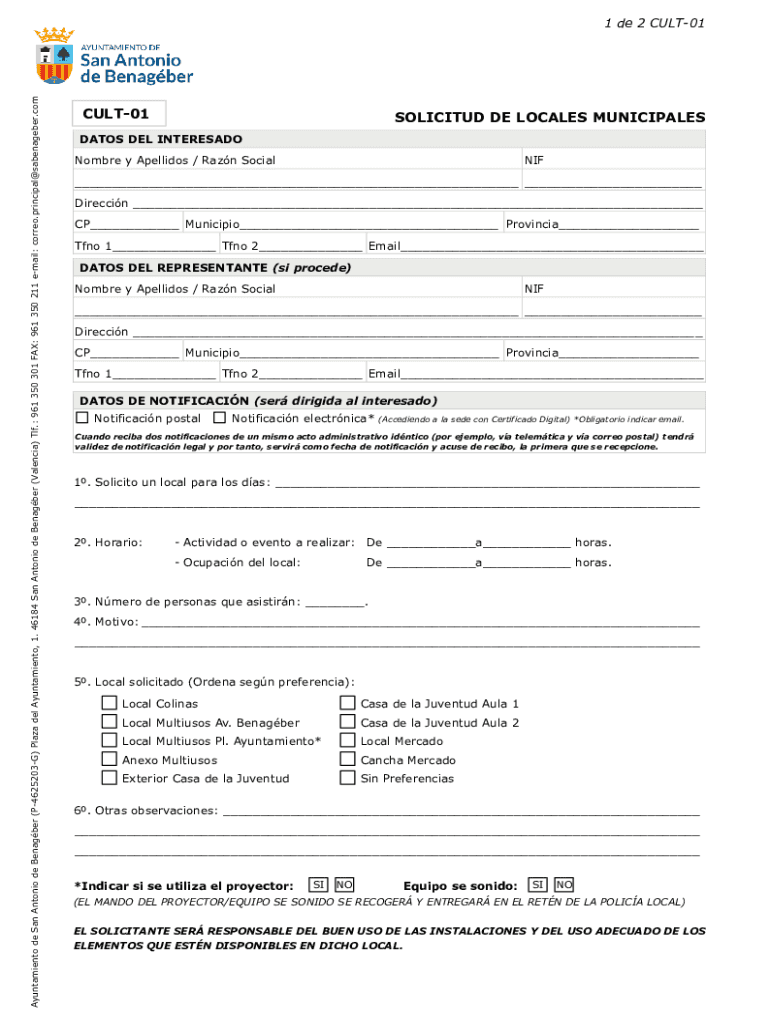 Completable En línea CULT-01 Solicitud local municipal - San Antonio de Benagber Fax Email ...