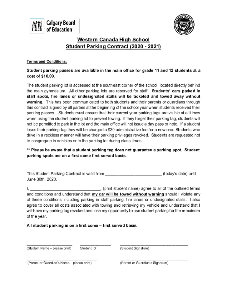 Fillable Online Western Canada High School Student Parking Contract ( ... Fax Email Print ...