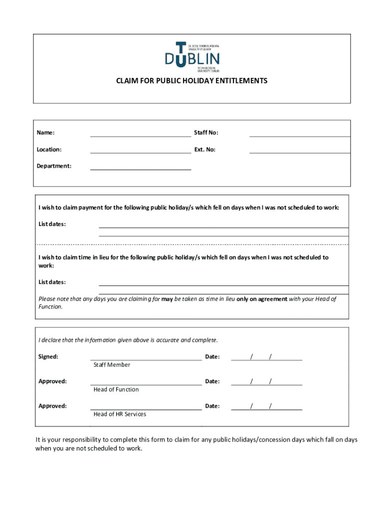 Fillable Online Public Holiday Claim Form Fax Email Print - pdfFiller