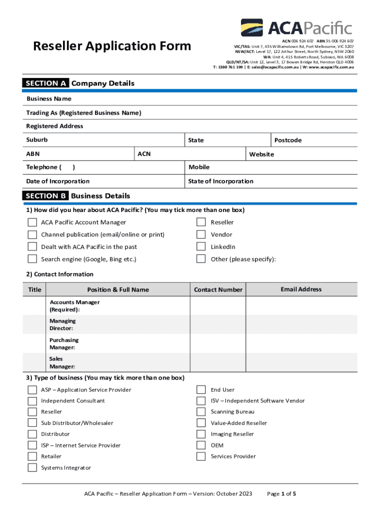 Fillable Online Reseller Application Form - ACA Pacific Fax Email Print ...