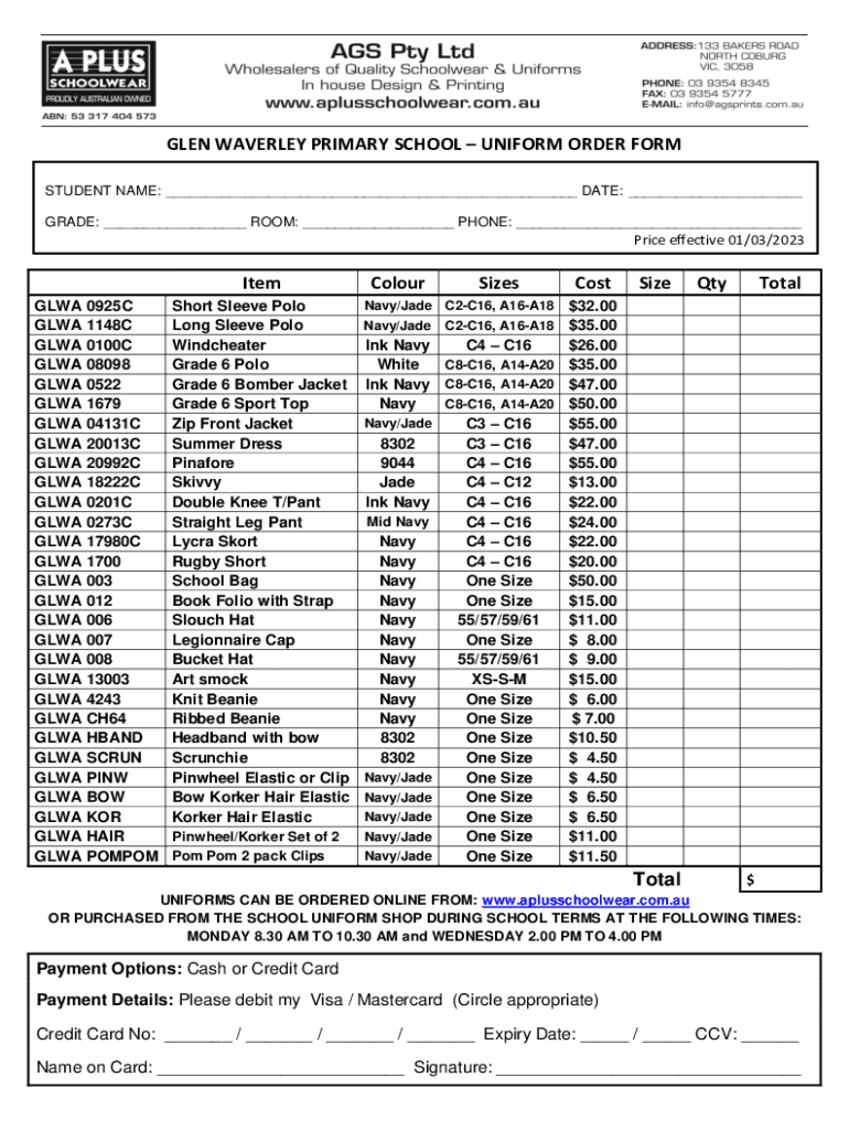 Fillable Online UNIFORM ORDER FORM Item Colour Sizes ... Fax Email ...
