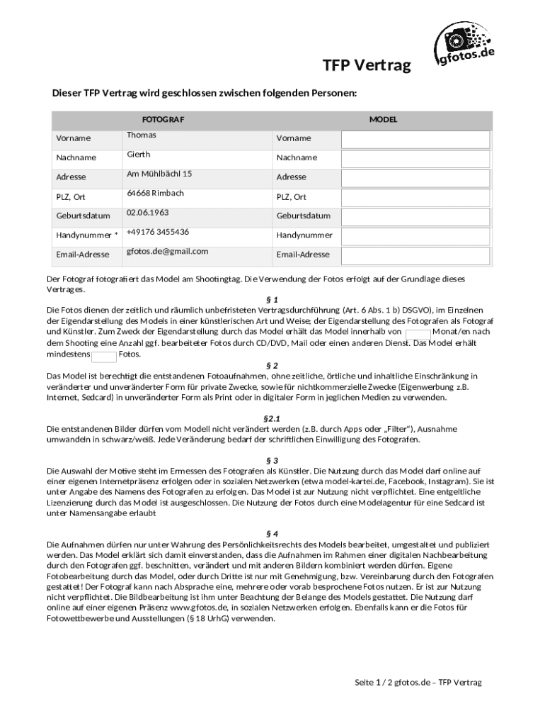 Ausfüllbar Online model-kartei.de TfP-Vertrag. model-kartei.de TfP-Vertrag Fax Email Drucken ...