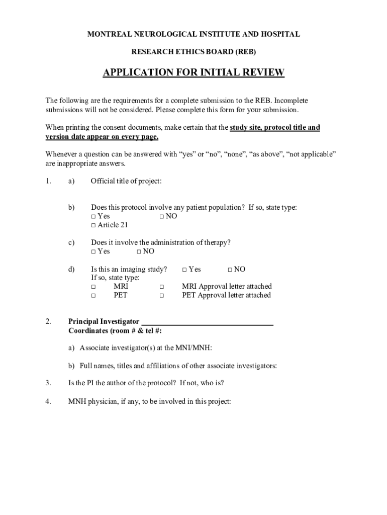 Fillable Online Application for Initial Review of Research Involving ...