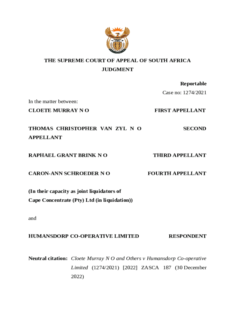 Fillable Online Cloete Murray N O and Others v Humansdorp Co-operative ...