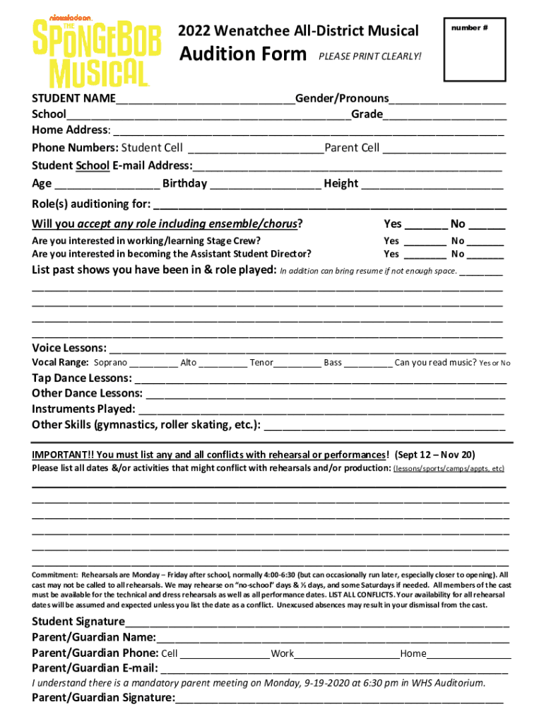 Fillable Online All-district musical auditions for grades 2-12Wenatchee ...