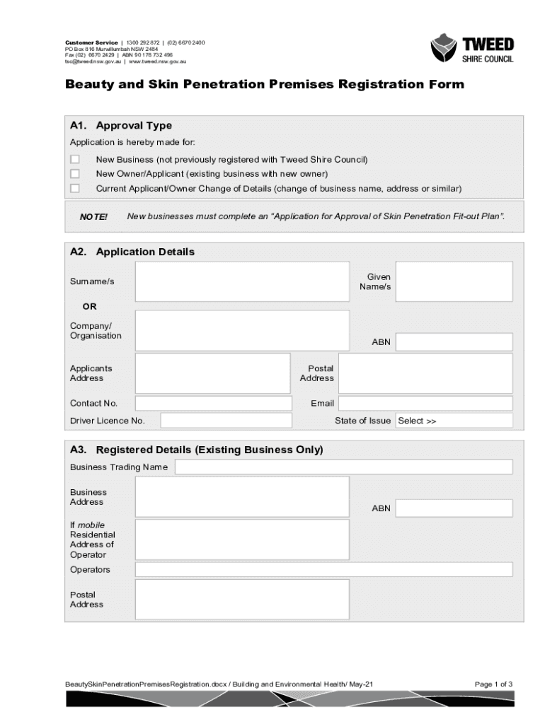 Fillable Online Beauty and Skin Penetration Premises Registration Form ...