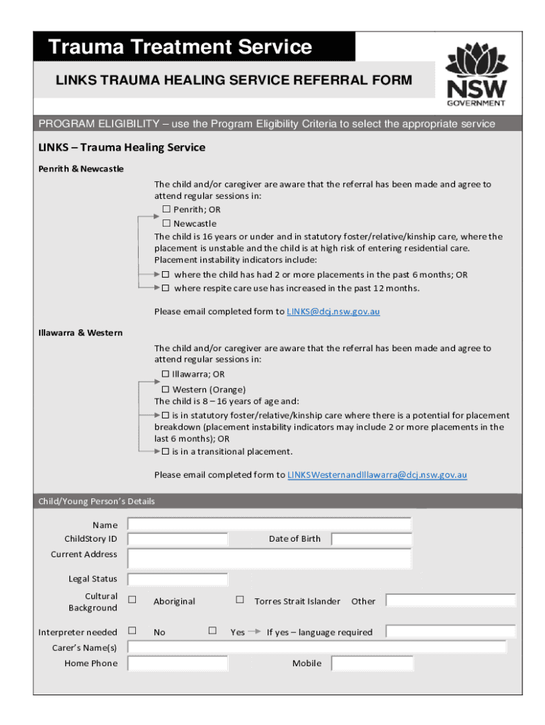 Fillable Online LINKS trauma healing service referral form. LINKS ...