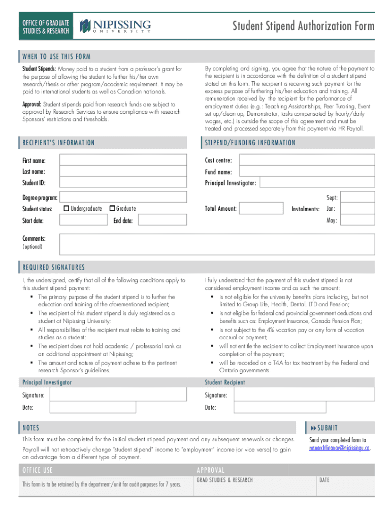 Fillable Online Student Stipend Authorization Form Fax Email Print ...