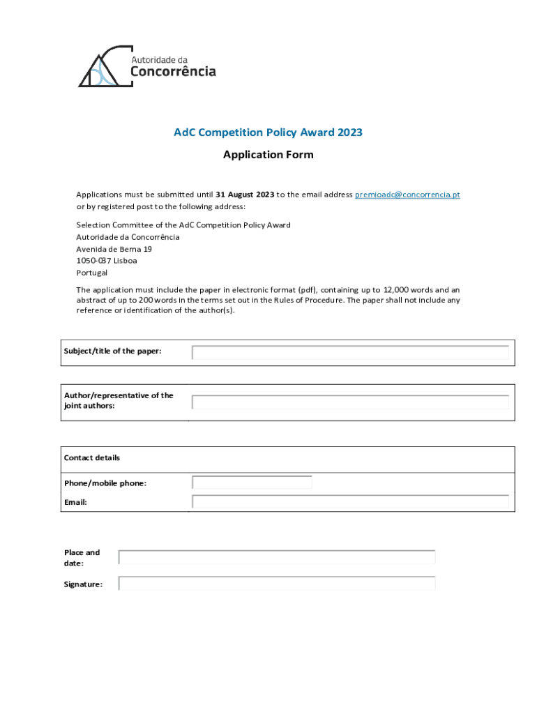 Fillable Online AdC Competition Policy Award 2023 Application Form Fax ...