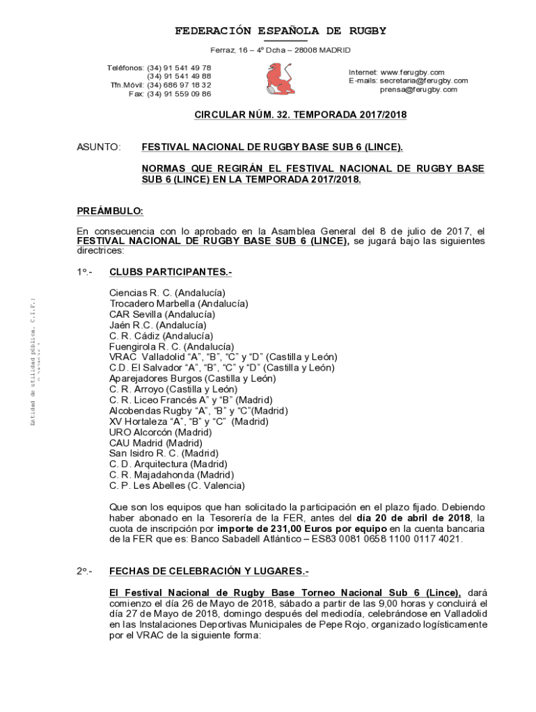 Completable En línea Circular 32 - Festival Nacional Rugby Base Sub 6 (Lince). ... Fax Email ...