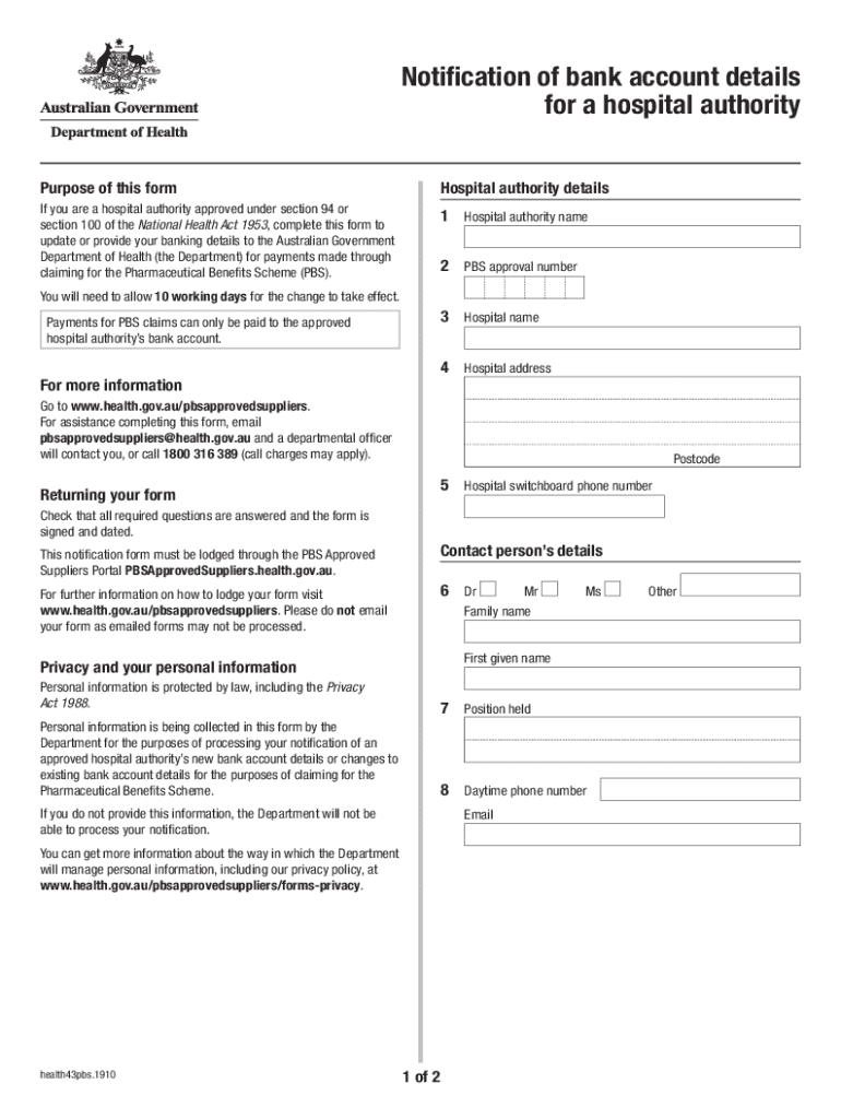 Fillable Online Notification of bank account details for a hospital ...