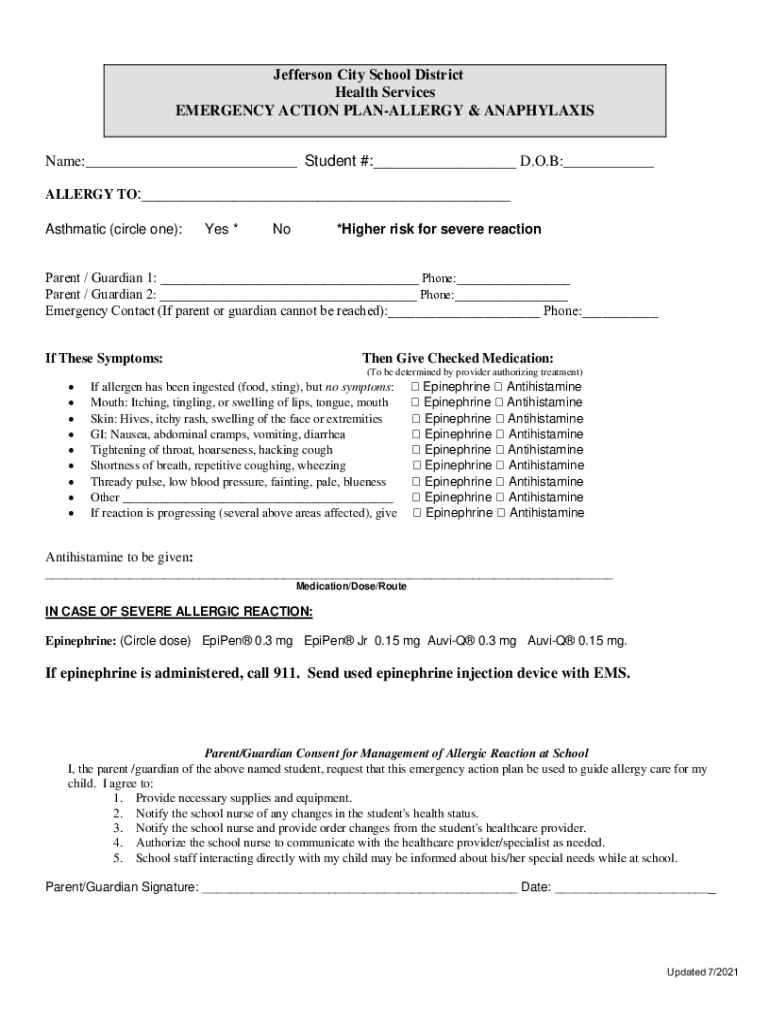 Fillable Online EMERGENCY ACTION PLAN-ALLERGY & ANAPHYLAXIS Fax Email ...