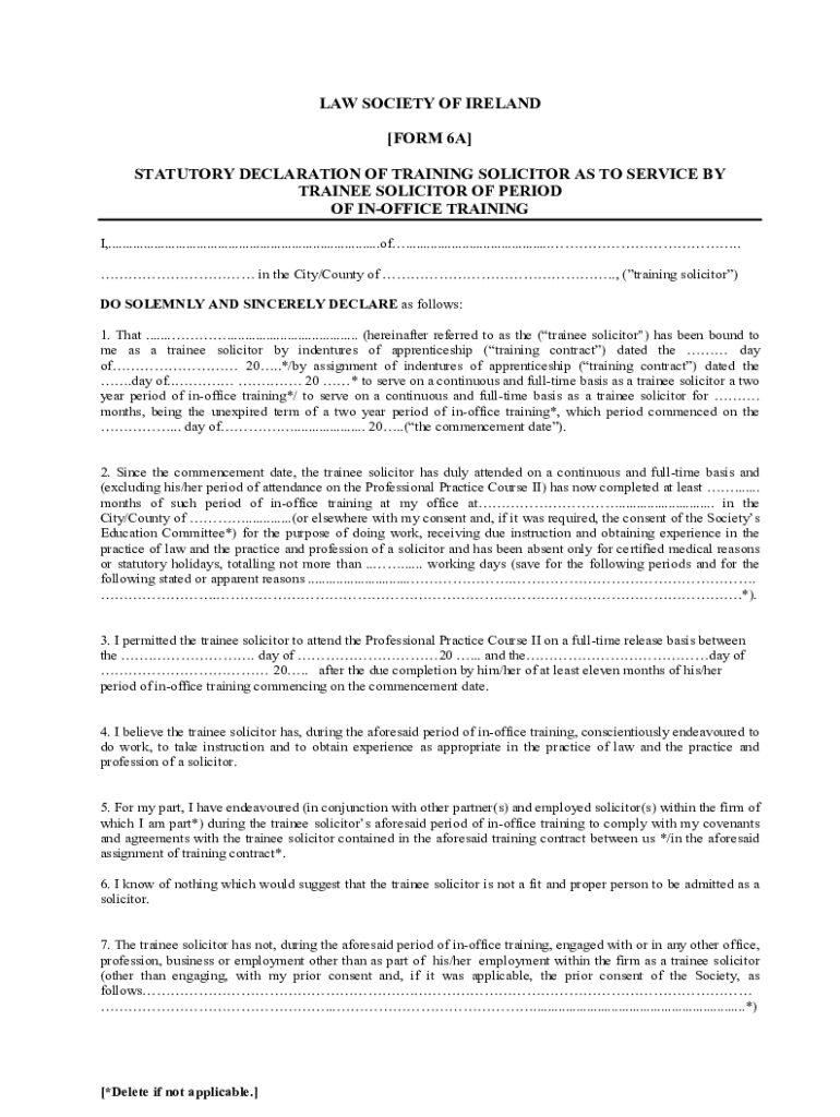 Fillable Online law society of ireland form 6a statutory declaration of ...