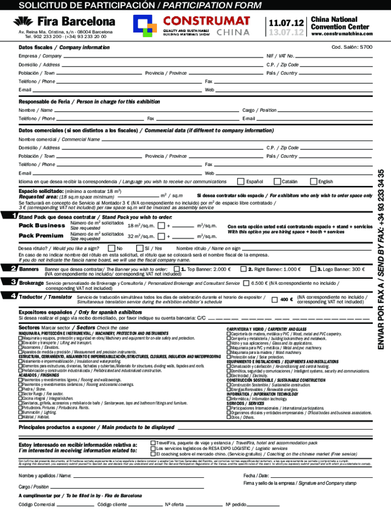 Completable En línea media firabcn SOLICITUD DE PARTICIPACIN / PARTICIPATION FORM Fax Email ...