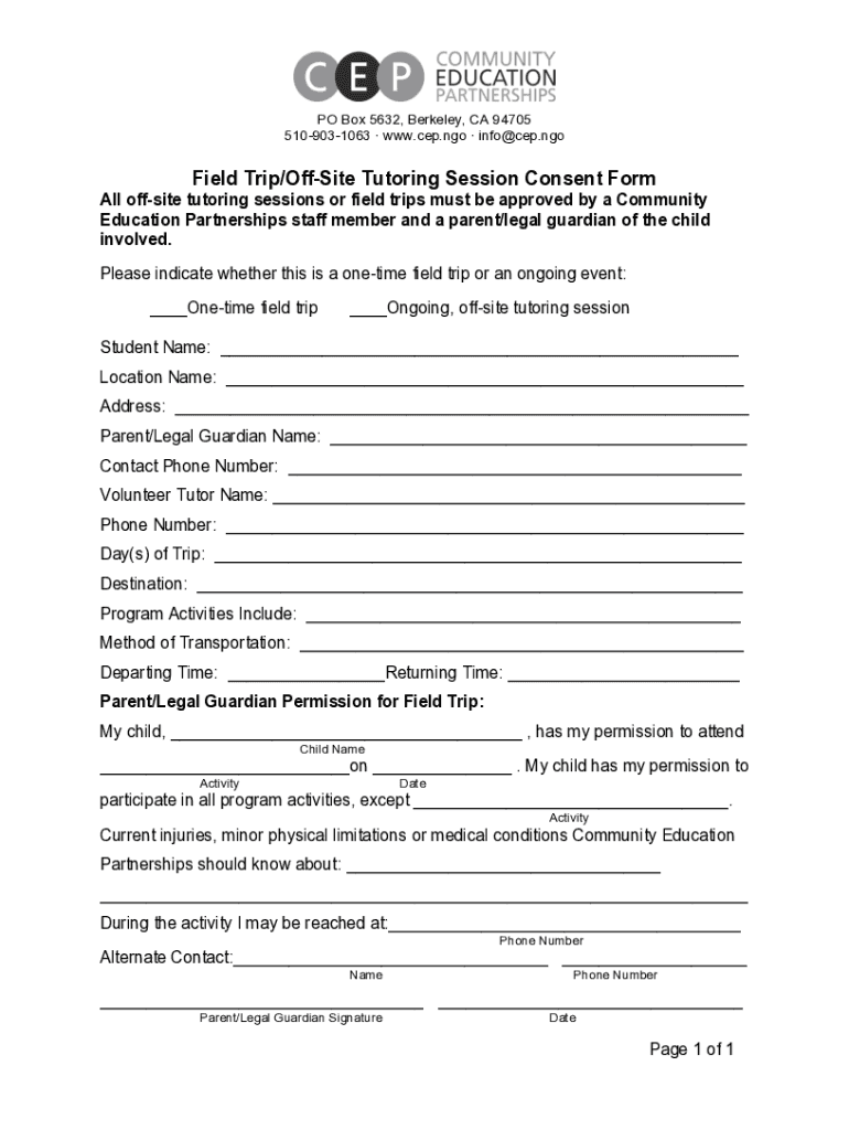 Fillable Online Field Trip/Off-Site Tutoring Session Consent Form Fax ...