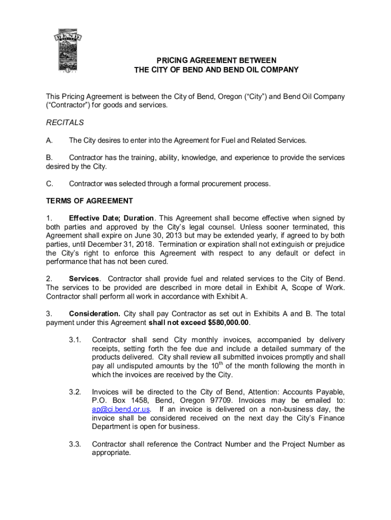 Fillable Online Pricing Agreement between the City of Bend and Bend Oil Company Fax Email Print ...