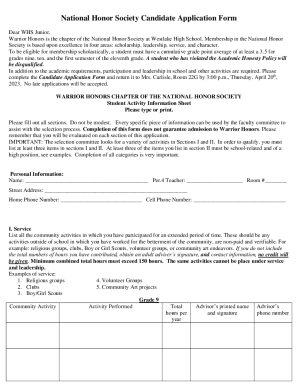 Fillable Online National Honor Society Candidate Application Form Fax ...