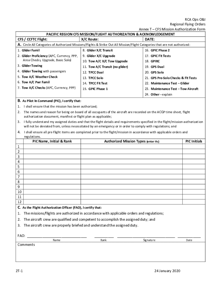 Fillable Online RCA Ops O&I Regional Flying Orders Annex T CFS Mission ...