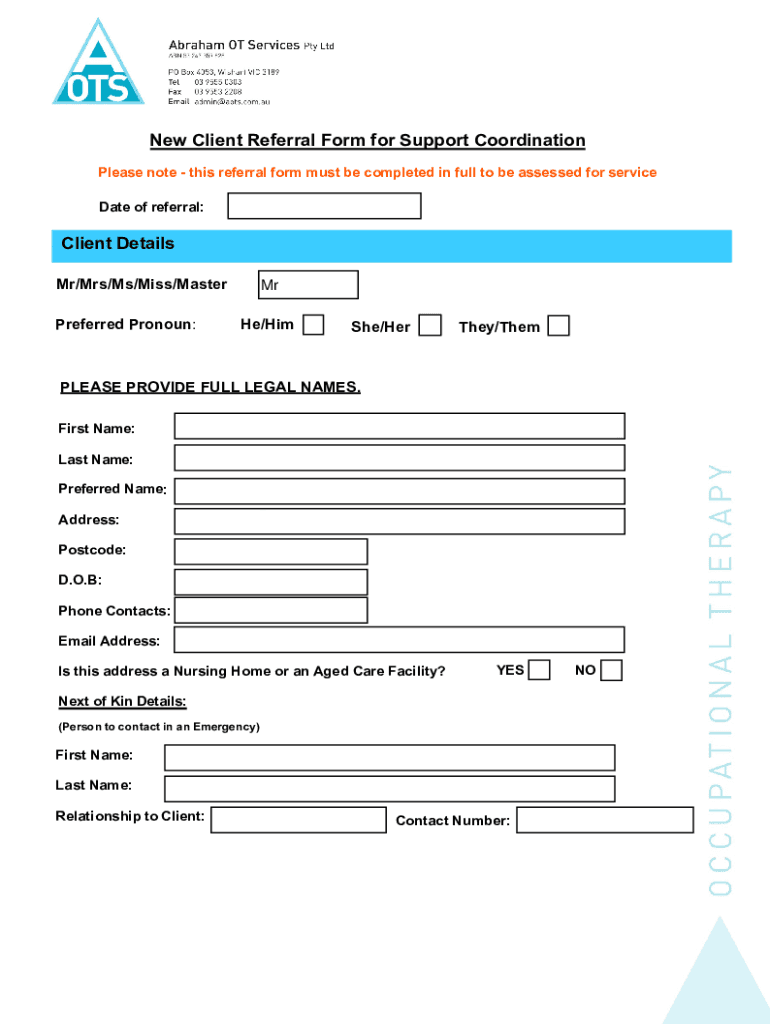 Fillable Online New Client Referral Form for Support Coordination Fax ...