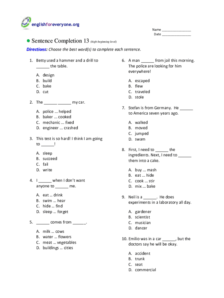 Fillable Online Fillable Online englishforeveryone org Name Date ... Fax Email Print - pdfFiller