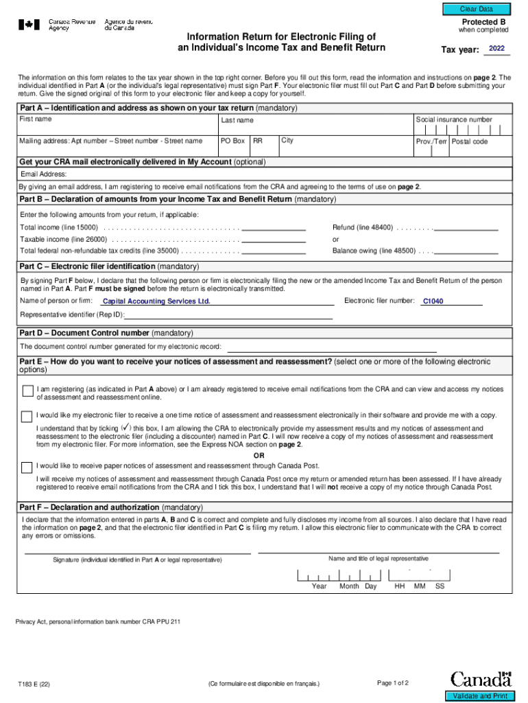 Fillable Online T183 Information Return for Electronic Filing of an ...