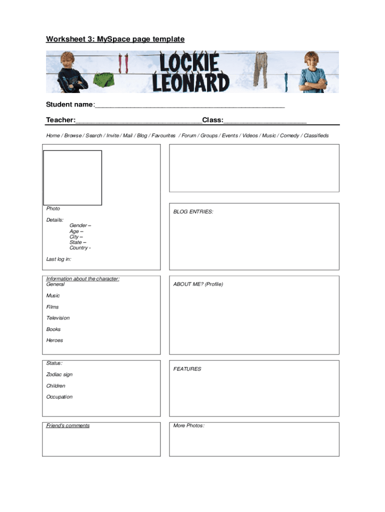 Fillable Online Worksheet 3: MySpace page template - Lockie Leonard Fax ...