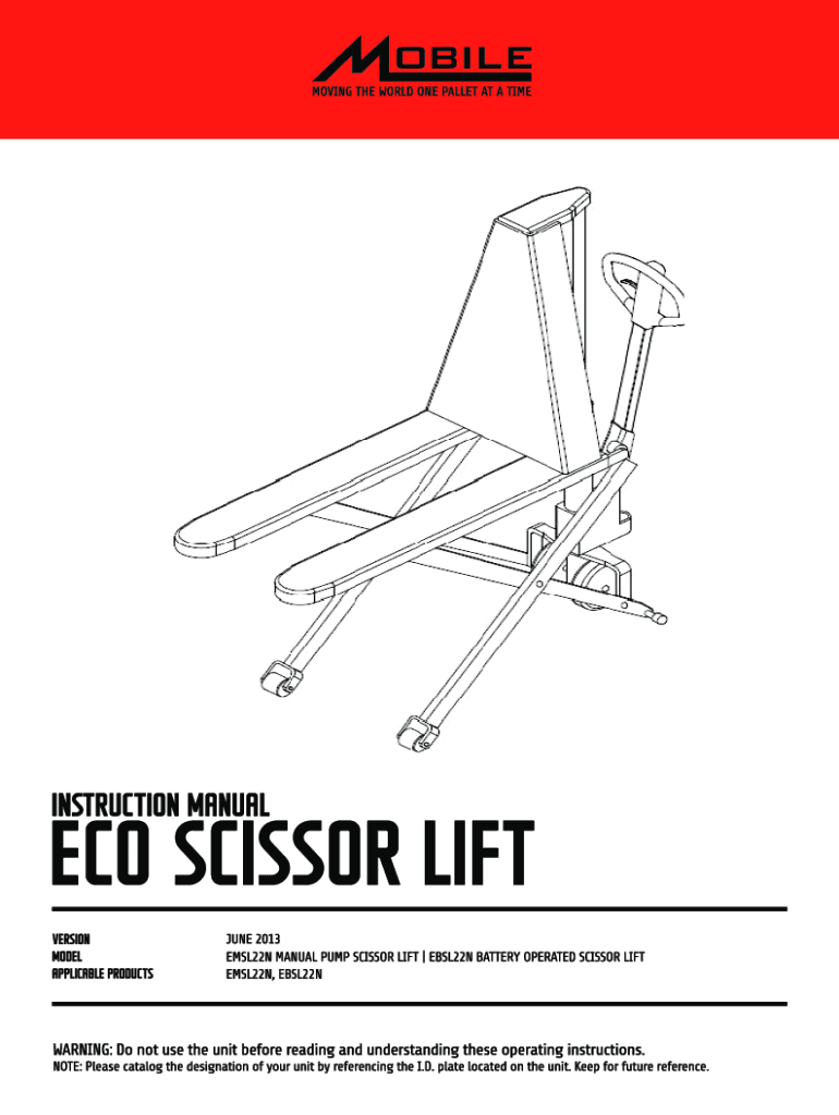 Fillable Online operating instruction handbook manual scissor lift ...