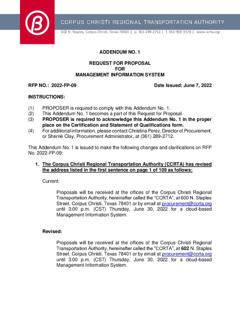 Fillable Online Addendum No. 1 Request for Proposal for Management ...