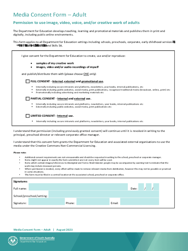 Fillable Online Department for Education - Media Consent Form - Adult ...