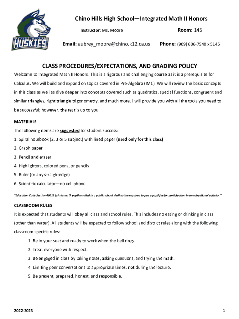 Fillable Online Chino Hills High SchoolIntegrated Math II Honors Fax ...