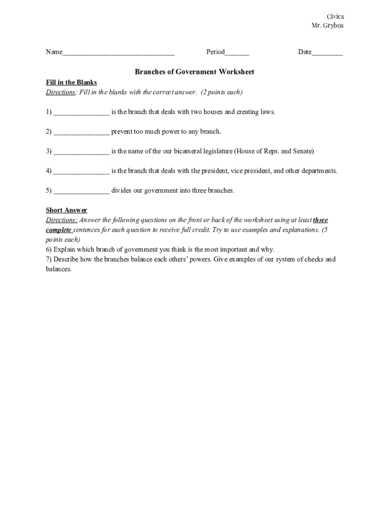 Fillable Online Three Branches of Government Worksheet - Social Studies ...