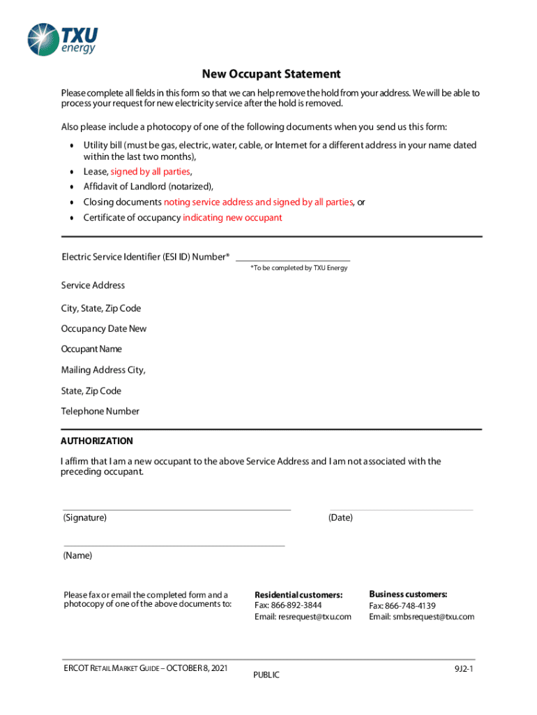 Fillable Online New Occupant Statement - Fill Online, Printable ...
