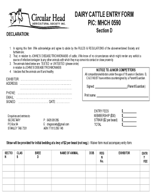 Fillable Online Fillable Online DAIRY CATTLE ENTRY FORM PIC MHCH 0590 ...