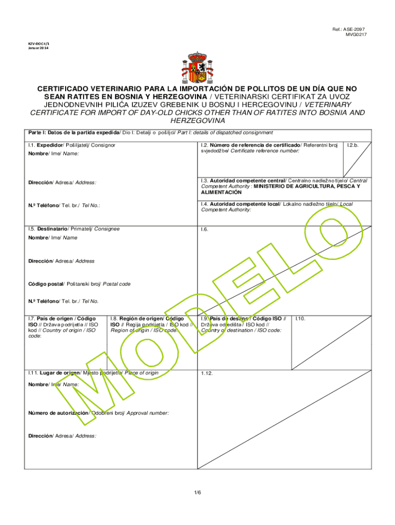 Completable En línea certificado veterinario para la importacin de pollitos de un ... Fax Email ...