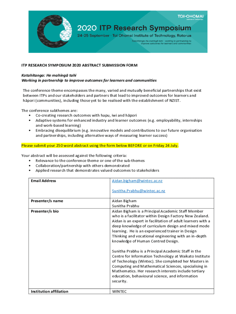 Fillable Online researcharchive wintec ac itp research symposium 2020 abstract submission form ...