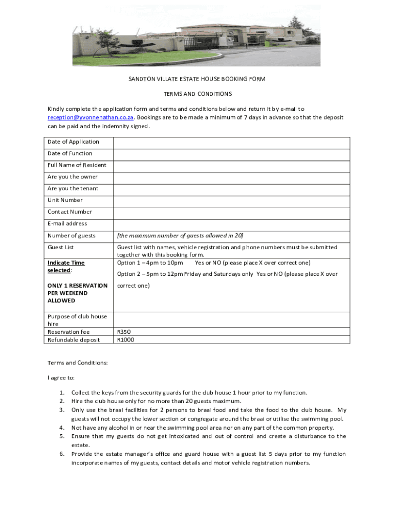 Fillable Online svestate co SANDTON VILLATE ESTATE HOUSE BOOKING FORM ...