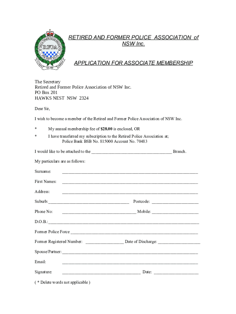 Fillable Online RETIRED AND FORMER POLICE ASSOCIATION of NSW Inc ... Fax Email Print - pdfFiller