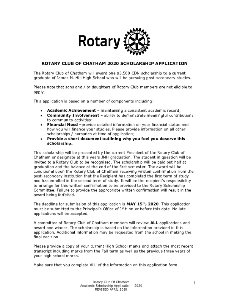 Fillable Online Rotary Club of Chatham Scholarship $3500 - DUE Fax Email Print - pdfFiller