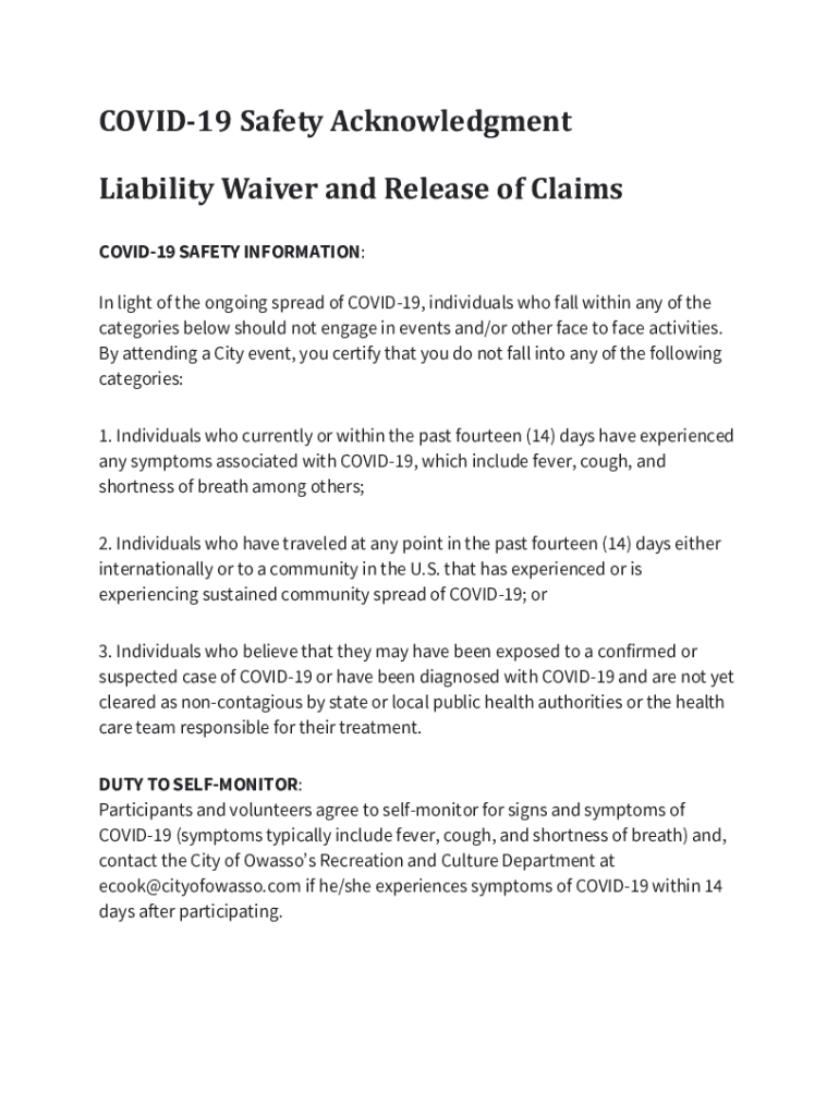 Fillable Online COVID-19 Safety Acknowledgment Liability Waiver and ...