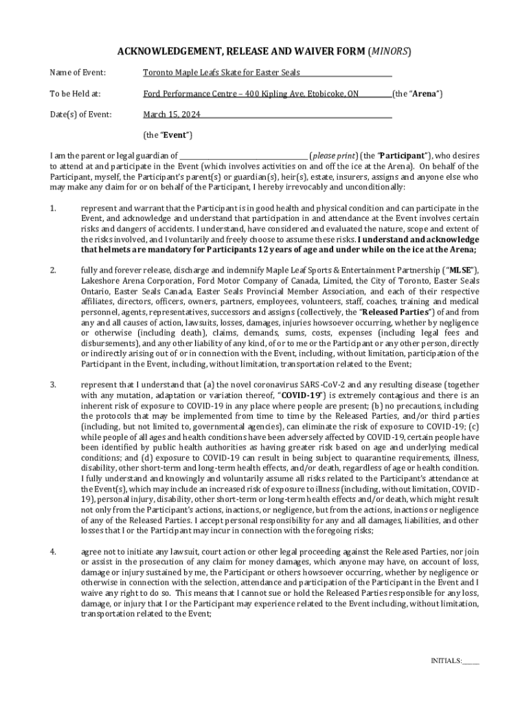 Fillable Online acknowledgement, release and waiver form (minors) Fax ...