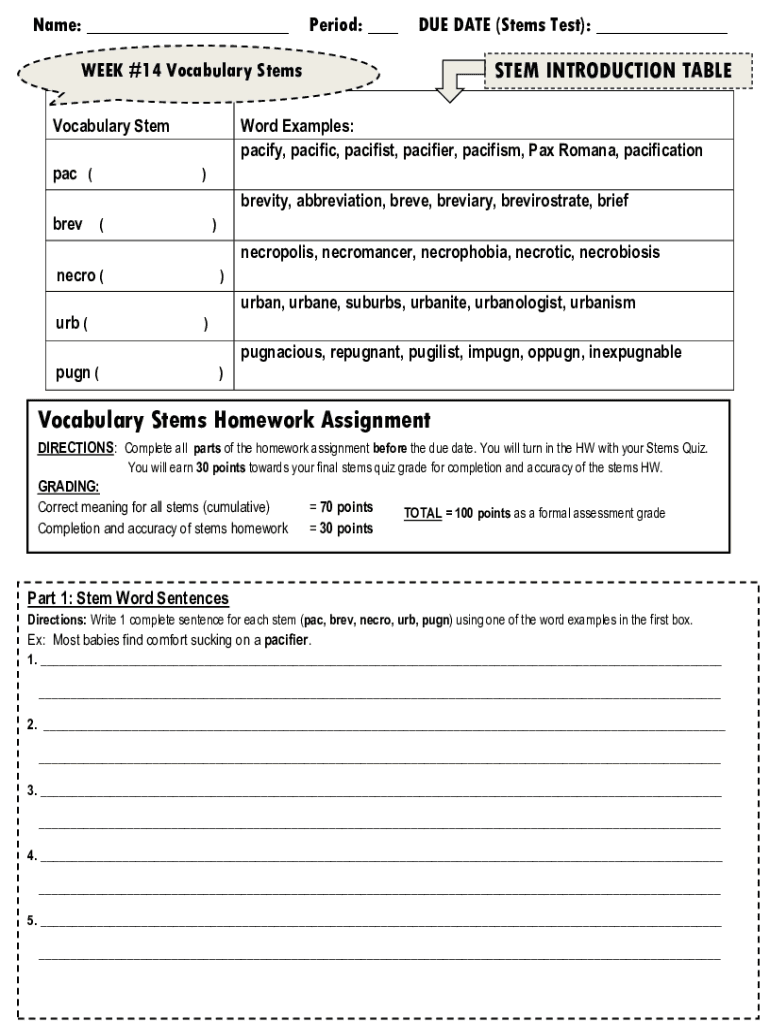 Fillable Online Vocabulary Stems Homework Assignment (Parts 1-6 ...