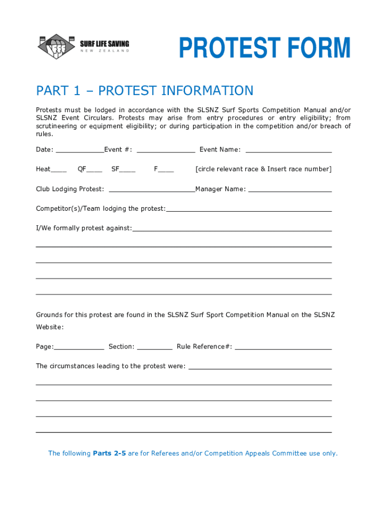 Fillable Online PROTEST FORM - Surf Life Saving New Zealand Fax Email ...