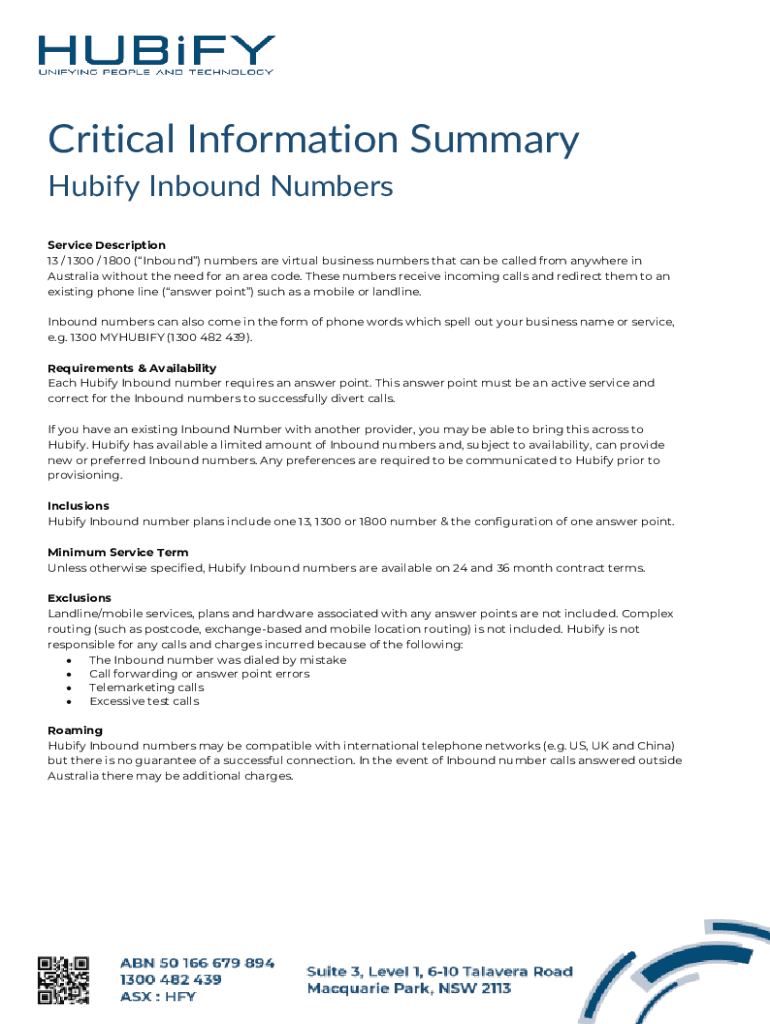 Fillable Online A quick guide to 13, 1300 and 1800 Inbound Services Fax ...