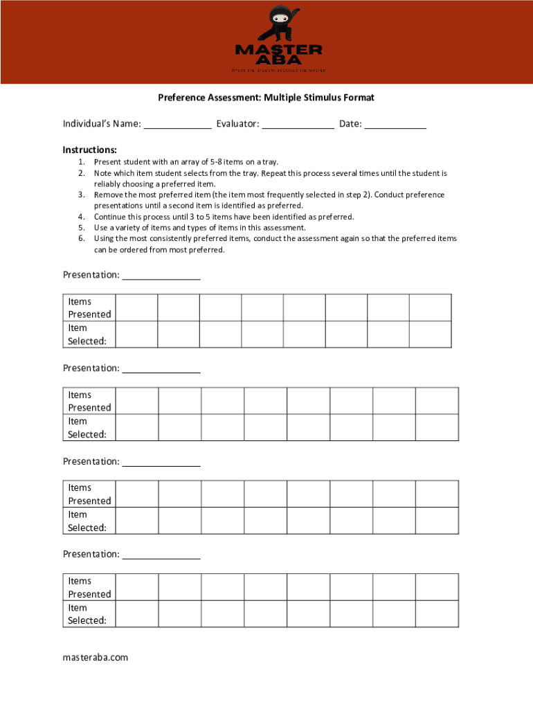 Fillable Online choice-stimulus preference assessment for students at ...