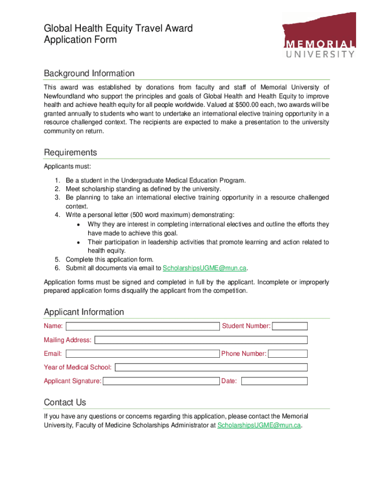 Fillable Online Global Health Equity Travel Award Application Form Fax ...