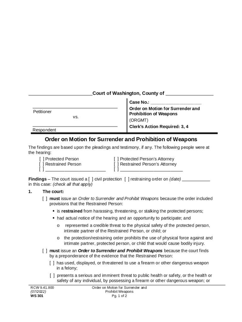 Order on Motion for Surrender and Prohibition of Weapons Doc Template | pdfFiller