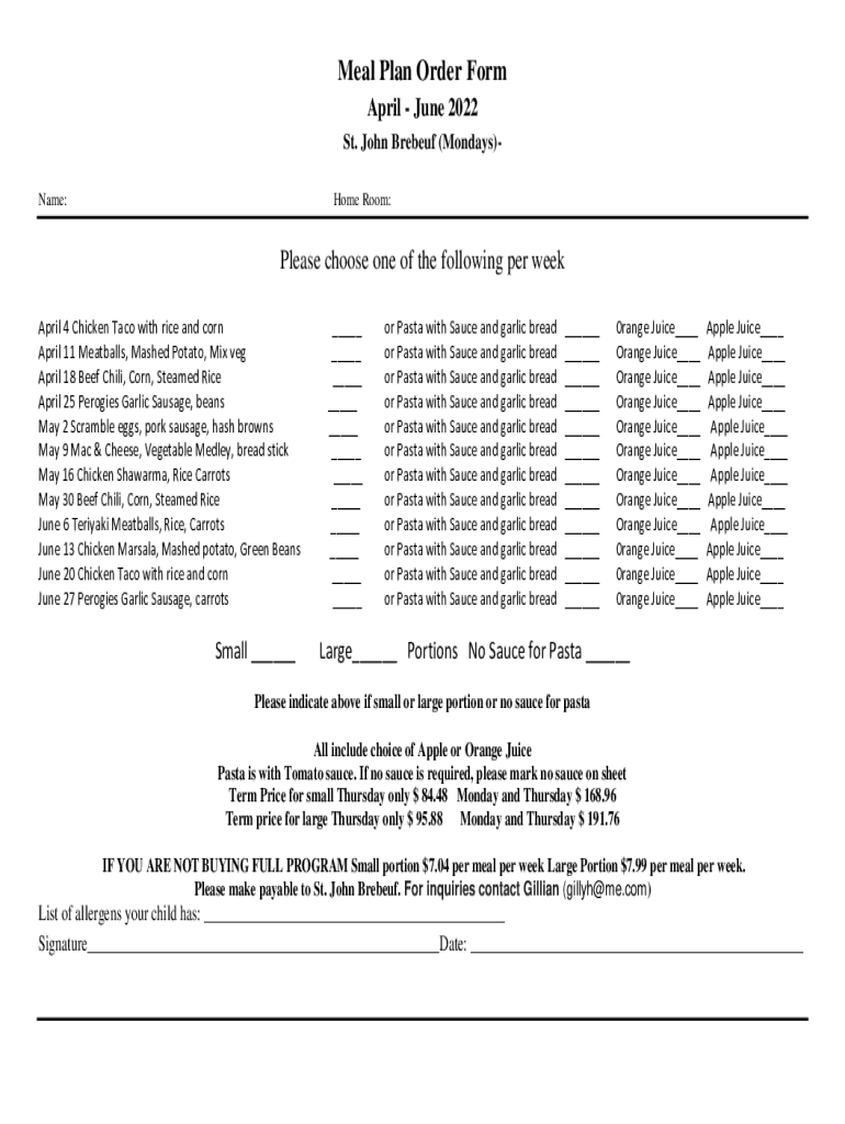 Fillable Online Meal Plan Order Form Fax Email Print - pdfFiller
