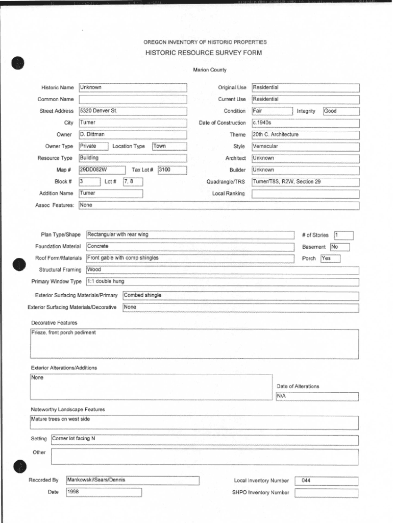Fillable Online HISTORIC RESOURCE SURVEY FORM MARION COUNTY ... Fax Email Print - pdfFiller