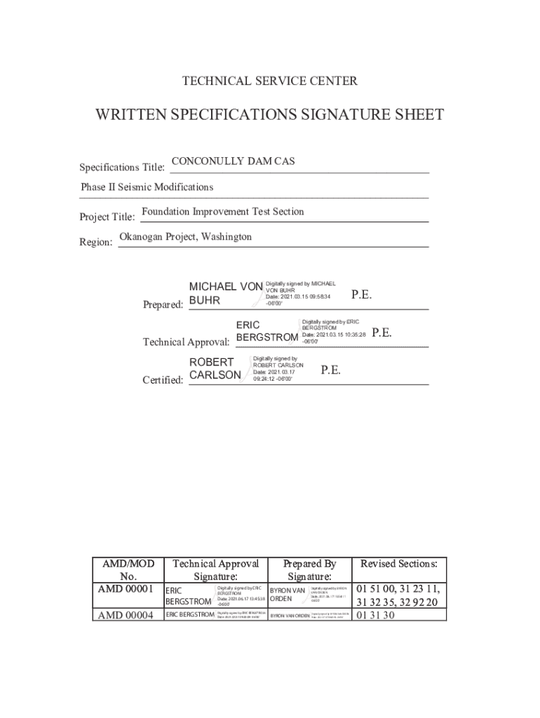 Fillable Online WRITTEN SPECIFICATIONS SIGNATURE SHEET Fax Email Print ...